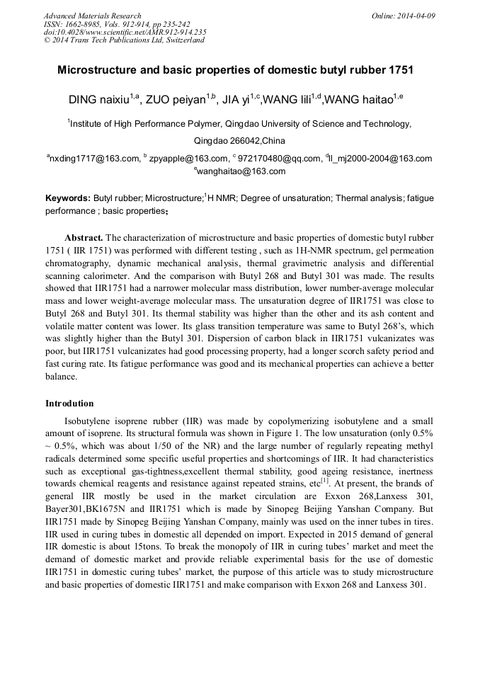 Microstructure and Basic Properties of Domestic Butyl Rubber 1751 ...