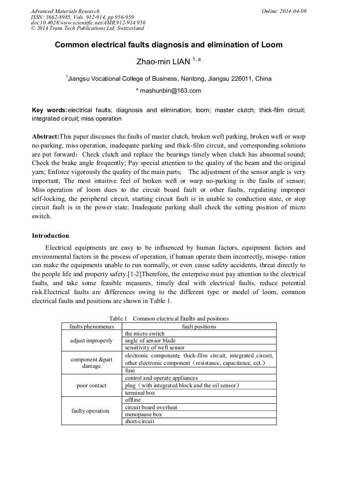 Common Electrical Faults Diagnosis and Elimination of Loom | Scientific.Net