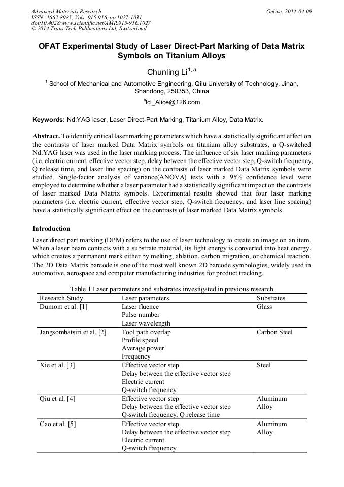 OFAT Experimental Study of Laser Direct-Part Marking of Data Matrix ...
