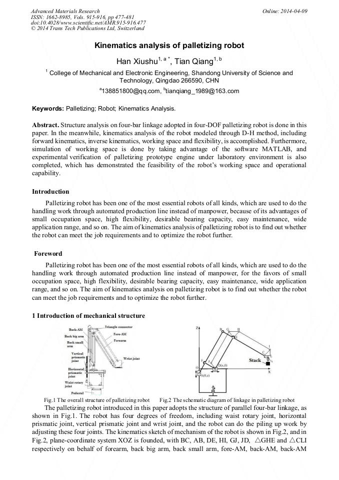 Kinematics Analysis of Palletizing Robot | Scientific.Net