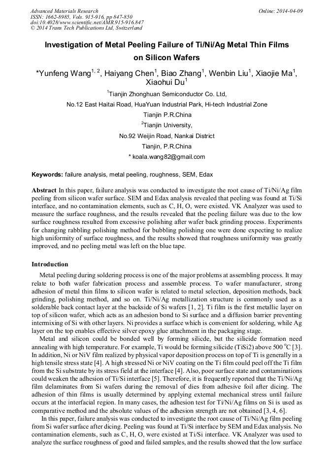 Investigation of Metal Peeling Failure of Ti/Ni/Ag Metal Thin Films on ...