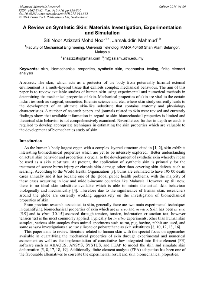 A Review on Synthetic Skin: Materials Investigation, Experimentation ...