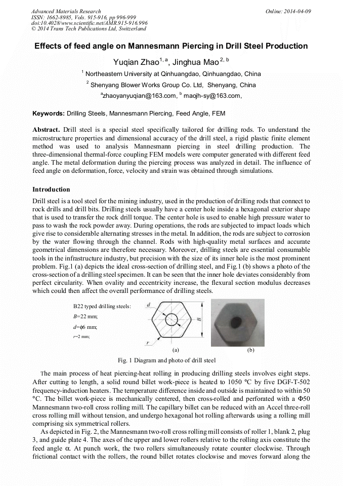 Effects of Feed Angle on Mannesmann Piercing in Drill Steel Production ...