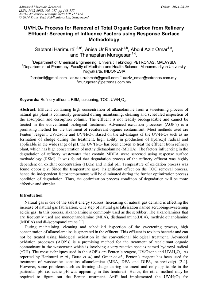 UV/H2O2 Process for Removal of Total Organic Carbon from Refinery Effluent: Screening of ...