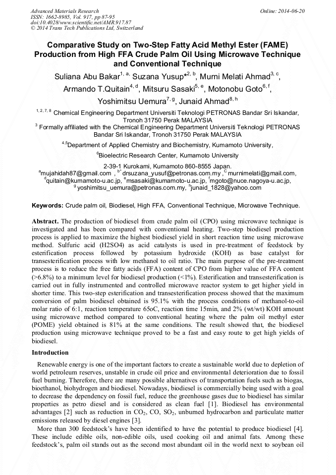 Comparative Study on Two-Step Fatty Acid Methyl Ester (FAME) Production ...