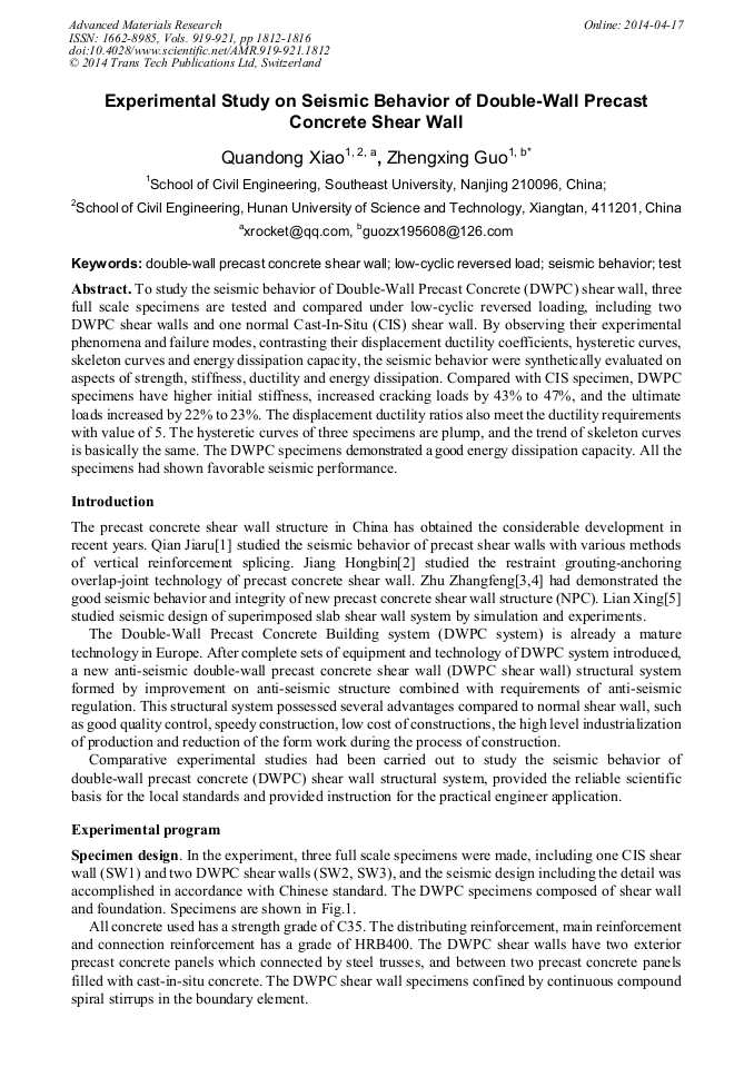 Experimental Study on Seismic Behavior of Double-Wall Precast Concrete ...