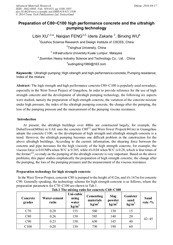 Preparation of C80~C100 High Performance Concrete and the Ultrahigh ...