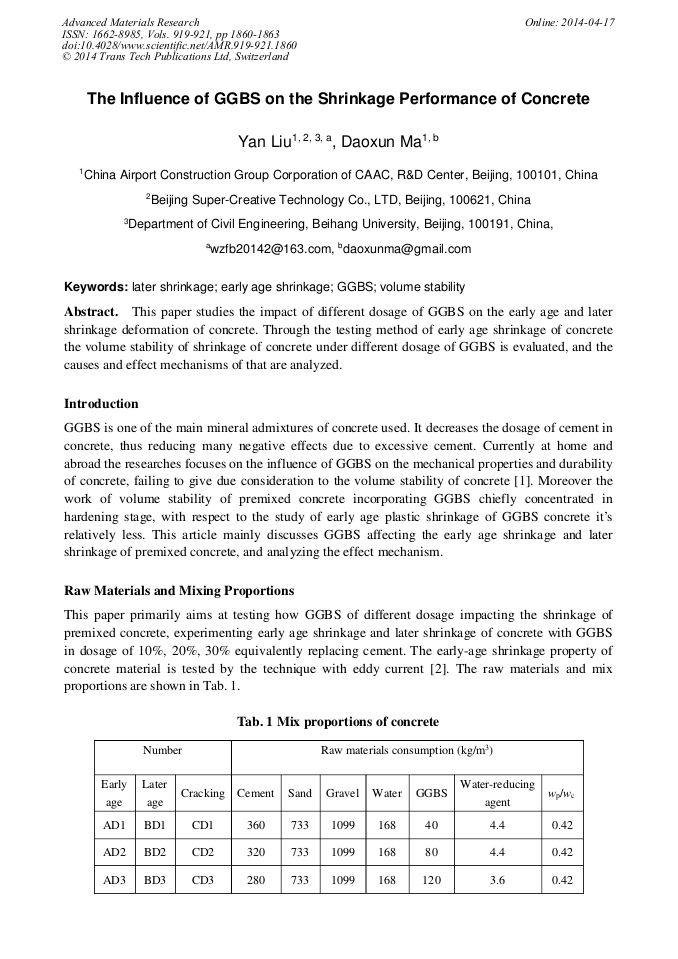 The Influence of GGBS on the Shrinkage Performance of Concrete ...