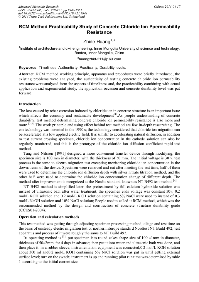 RCM Method Practicability Study of Concrete Chloride Ion Permeability ...