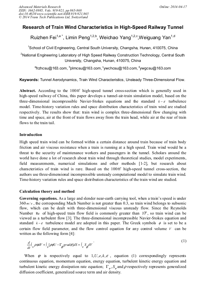 Research of Train Wind Characteristics in High-Speed Railway Tunnel ...