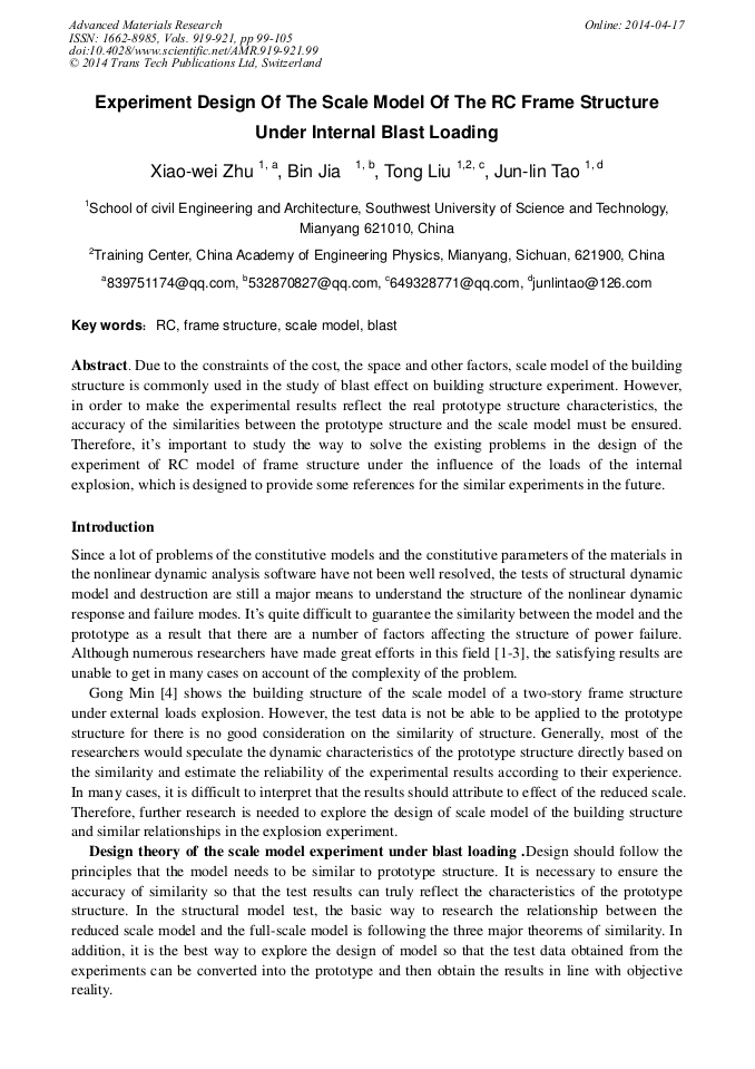 Experiment Design of the Scale Model of the RC Frame Structure under ...