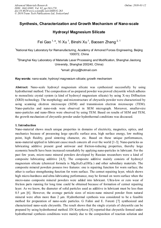 Synthesis, Characterization and Growth Mechanism of Nano-Scale Hydroxyl ...