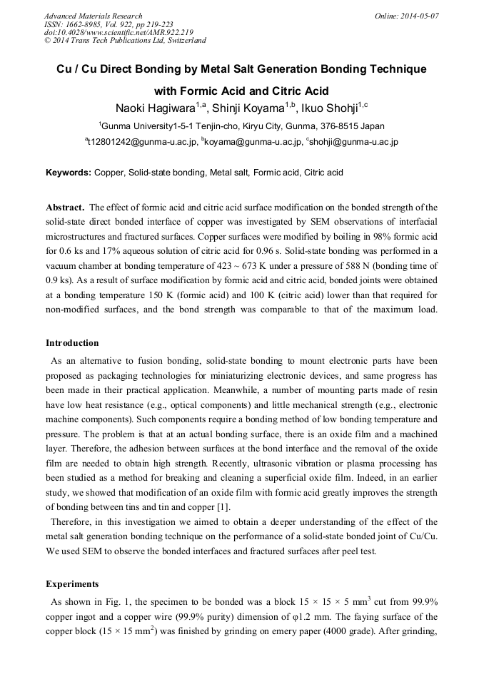 Cu/Cu Direct Bonding by Metal Salt Generation Bonding Technique with ...
