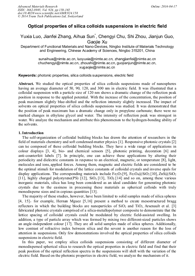 Optical Properties of Silica Colloids Suspensions in Electric Field ...