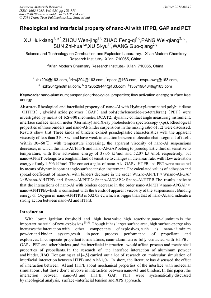 Rheological and Interfacial Property of Nano-Al with HTPB, GAP and PET ...