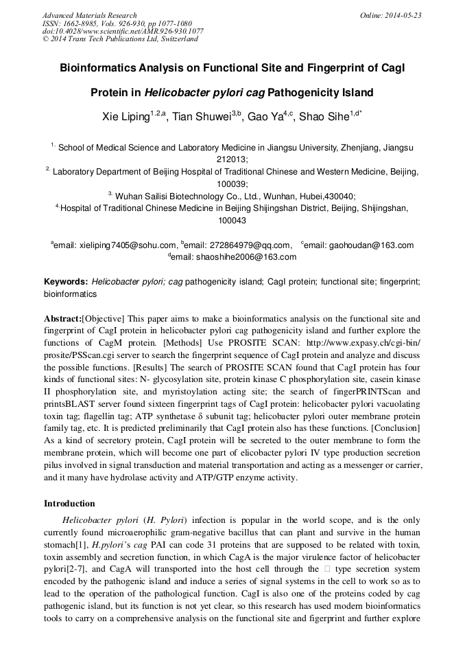 Bioinformatics Analysis on Functional Site and Fingerprint of CagI ...