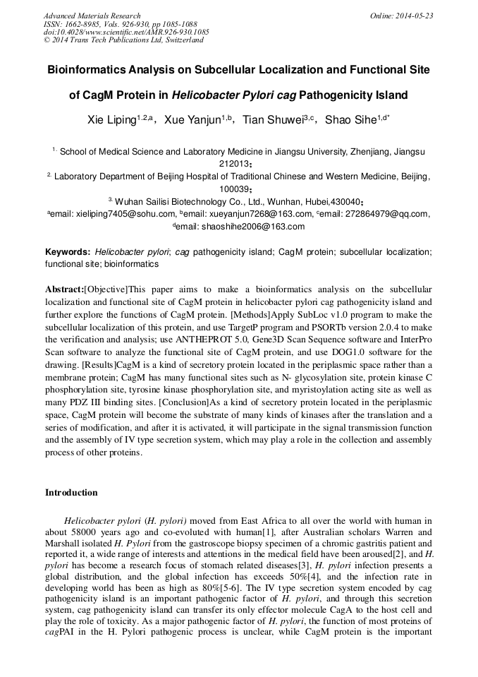 Bioinformatics Analysis on Subcellular Localization and Functional Site ...