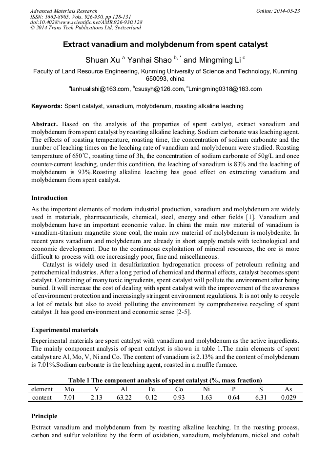 Extract Vanadium and Molybdenum from Spent Catalyst | Scientific.Net