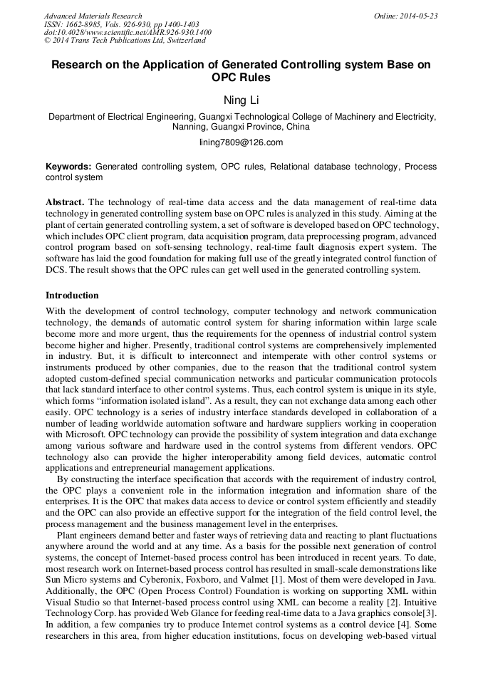 Research on the Application of Generated Controlling System Base on OPC ...