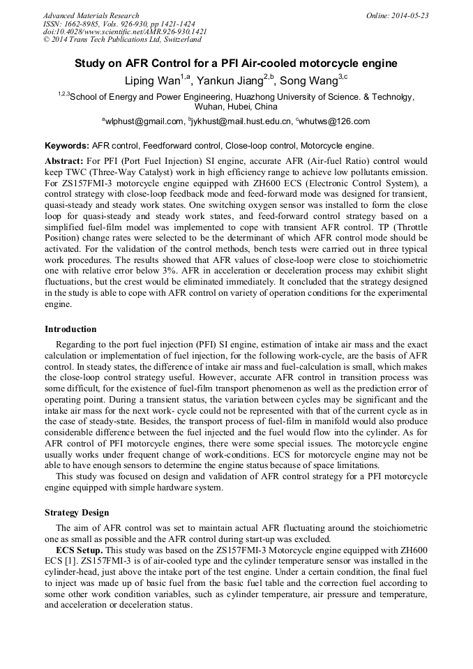 Study on AFR Control for a PFI Air-Cooled Motorcycle Engine ...