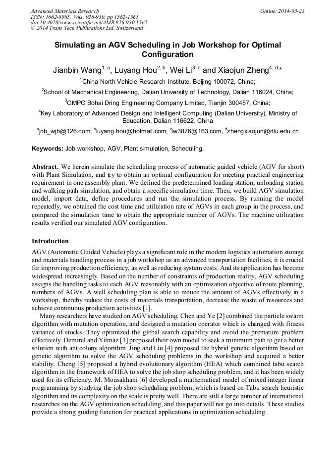 Simulating an AGV Scheduling in Job Workshop for Optimal Configuration ...