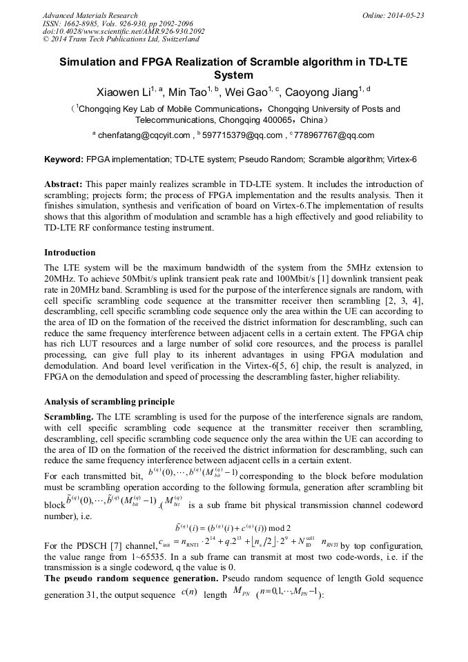 Simulation and FPGA Realization of Scramble Algorithm in TD-LTE System ...