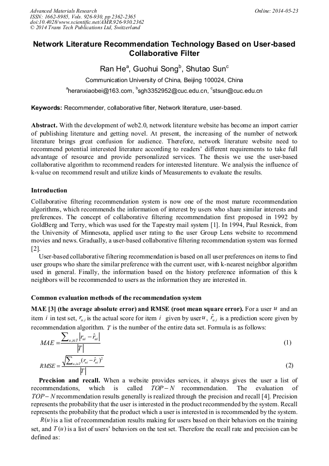 Network Literature Recommendation Technology Based on User-Based ...