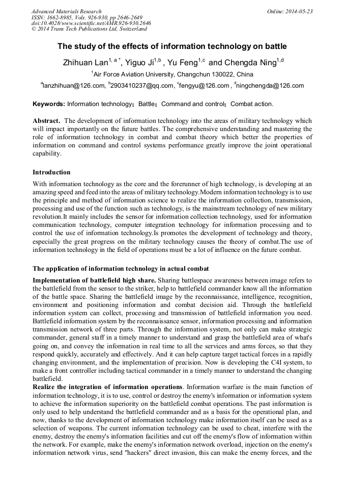 The Study of the Effects of Information Technology on Battle ...