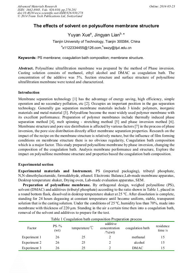 The Effects of Solvent on Polysulfone Membrane Structure | Scientific.Net
