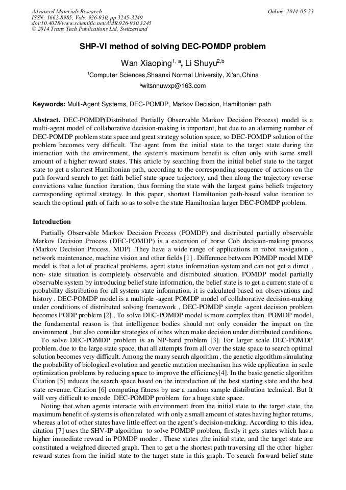SHP-VI Method of Solving DEC-POMDP Problem | Scientific.Net