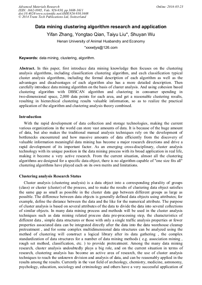 Data Mining Clustering Algorithm Research and Application | Scientific.Net