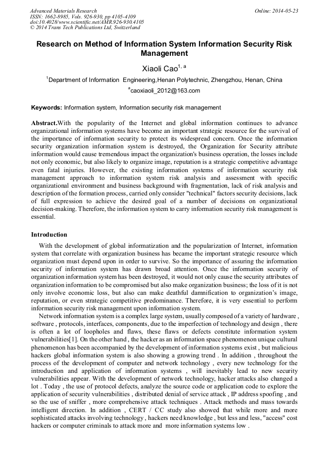 Research on Method of Information System Information Security Risk ...