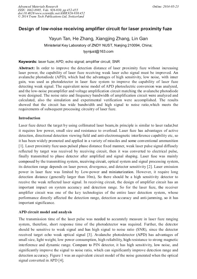 Design of Low-Noise Receiving Amplifier Circuit for Laser Proximity ...