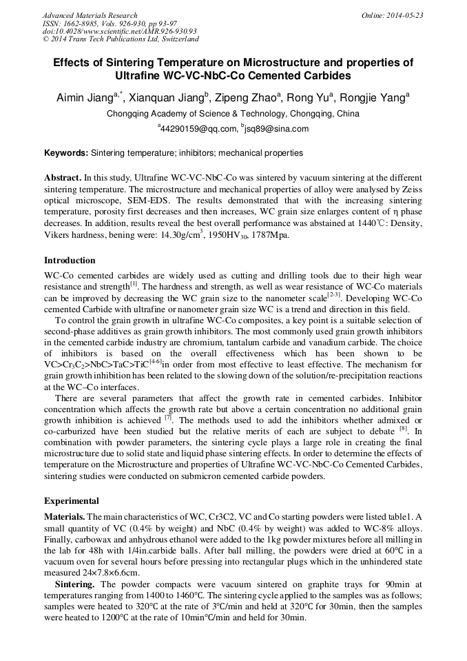 Effects of Sintering Temperature on Microstructure and Properties of Ultrafine WC-VC-NbC-Co ...
