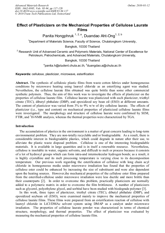 Effect of Plasticizers on the Mechanical Properties of Cellulose ...