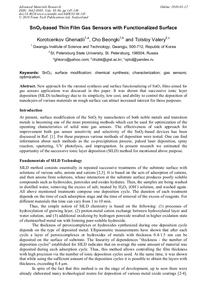 SnO2-Based Thin Film Gas Sensors with Functionalized Surface ...