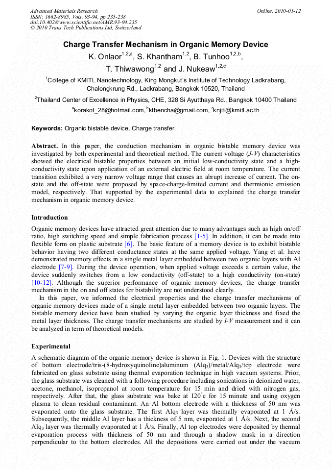Charge Transfer Mechanism in Organic Memory Device | Scientific.Net