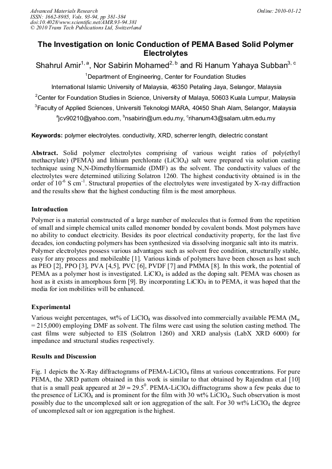 The Investigation on Ionic Conduction of PEMA Based Solid Polymer ...