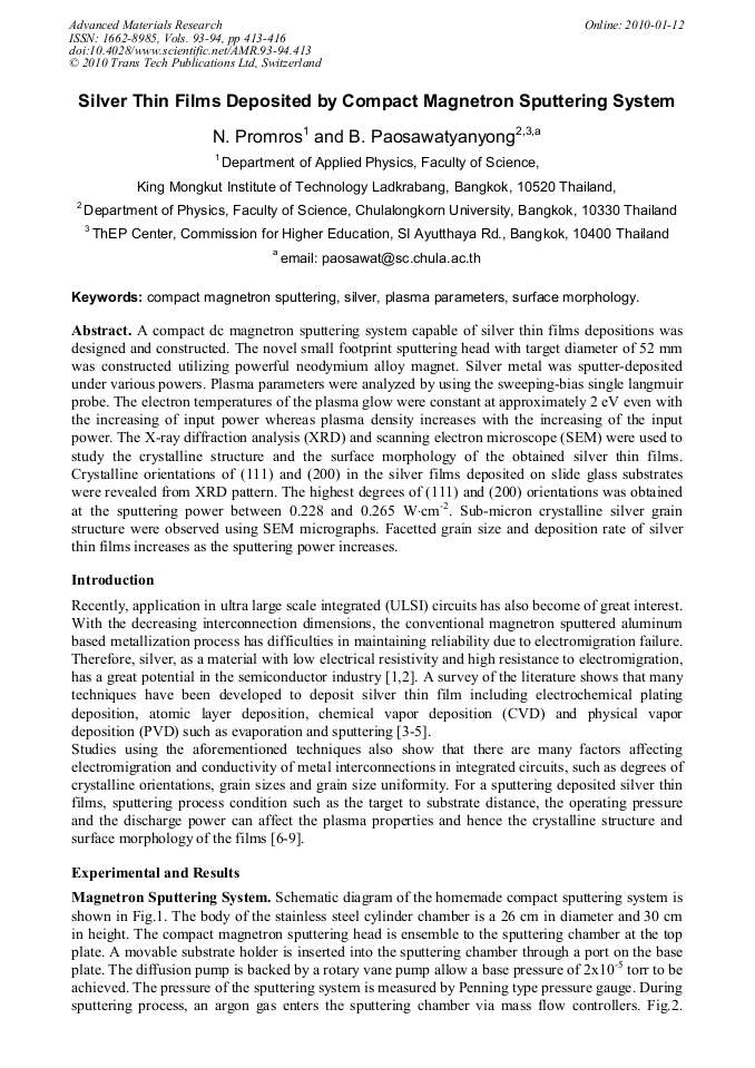 Silver Thin Films Deposited by Compact Magnetron Sputtering System ...
