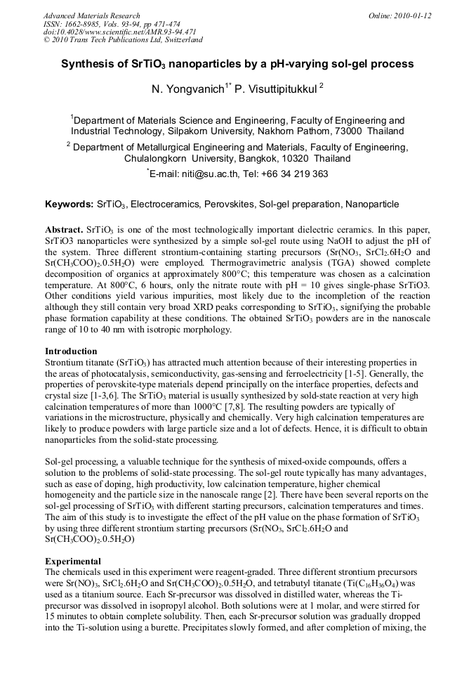 Synthesis of SrTiO3 Nanoparticles by a pH-Varying Sol-Gel Process | Scientific.Net