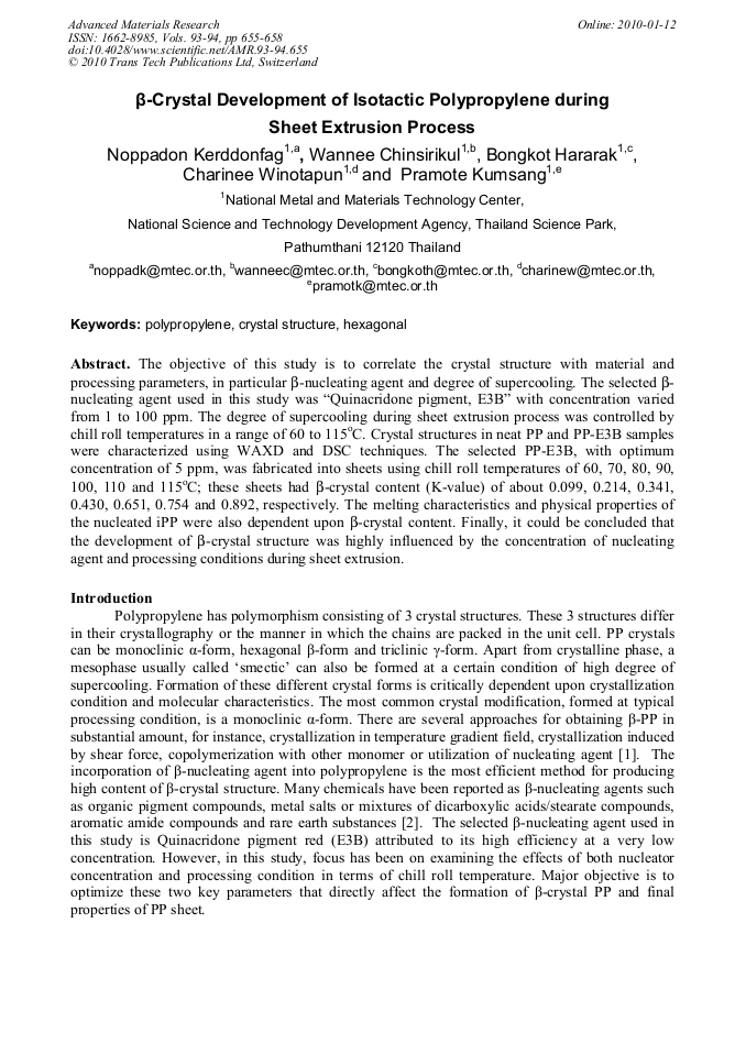 β-Crystal Development of Isotactic Polypropylene during Sheet Extrusion ...