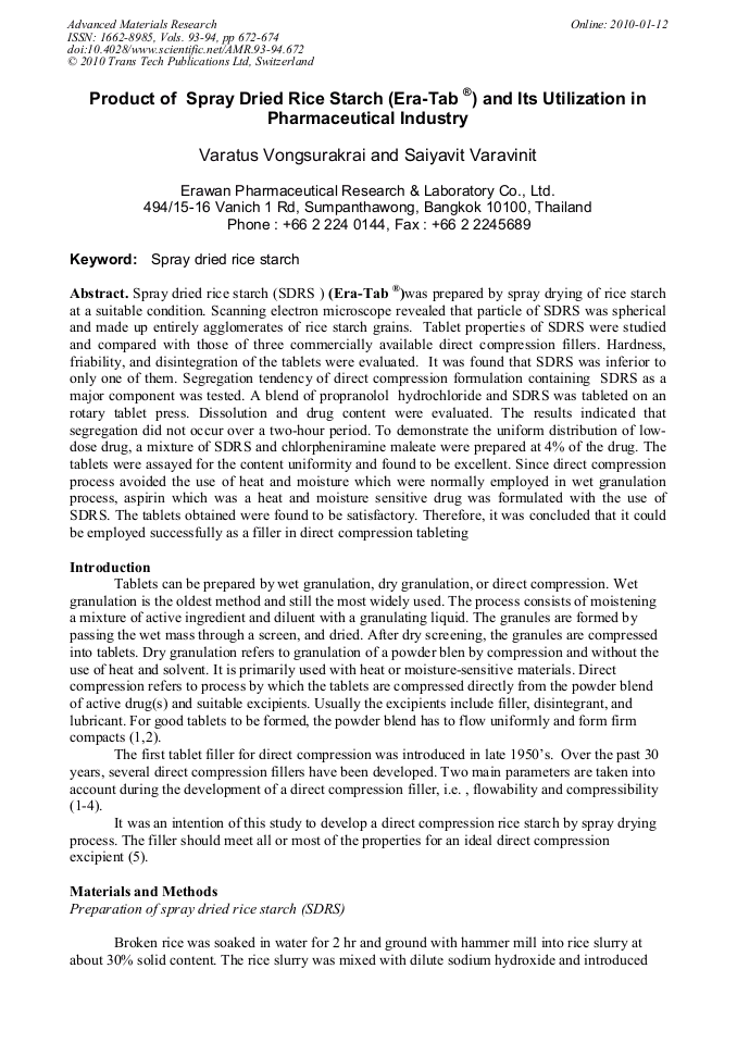 Product of Spray Dried Rice Starch (Era-Tab®) and its Utilization in ...