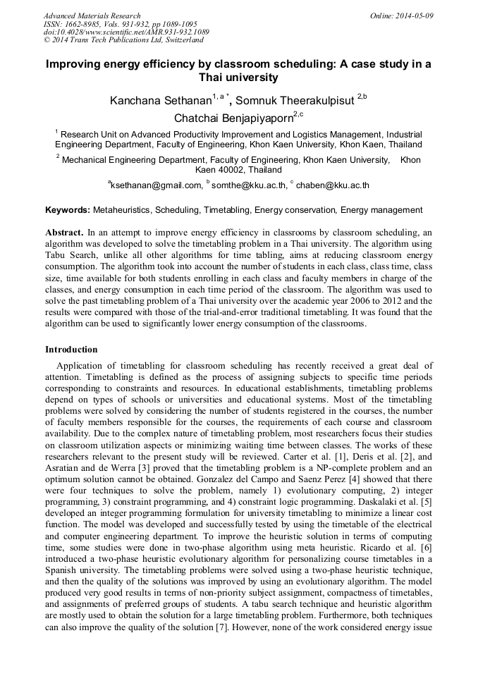 Improving Energy Efficiency by Classroom Scheduling: A Case Study in a ...