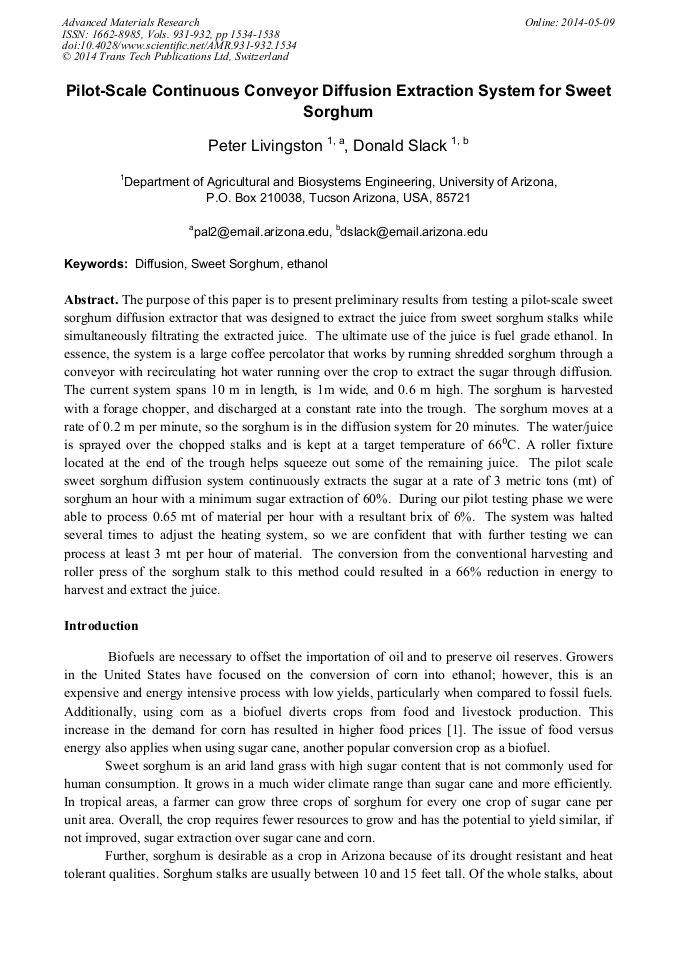 Pilot-Scale Continuous Conveyor Diffusion Extraction System for Sweet ...