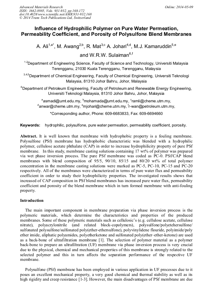 Influence of Hydrophilic Polymer on Pure Water Permeation, Permeability ...
