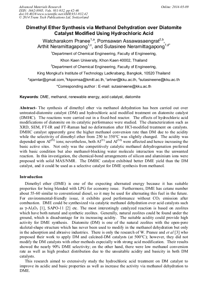 Dimethyl Ether Synthesis via Methanol Dehydration over Diatomite ...
