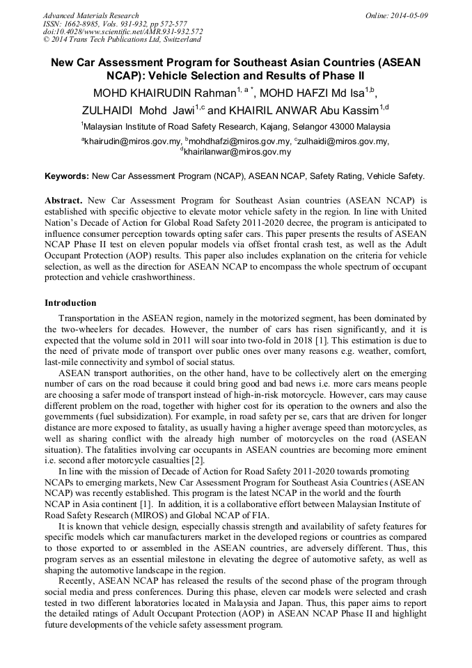 New Car Assessment Program for Southeast Asian Countries (ASEAN NCAP ...