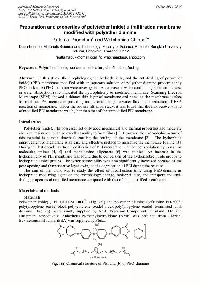 Preparation and Properties of Poly(ether imide) Ultrafiltration ...