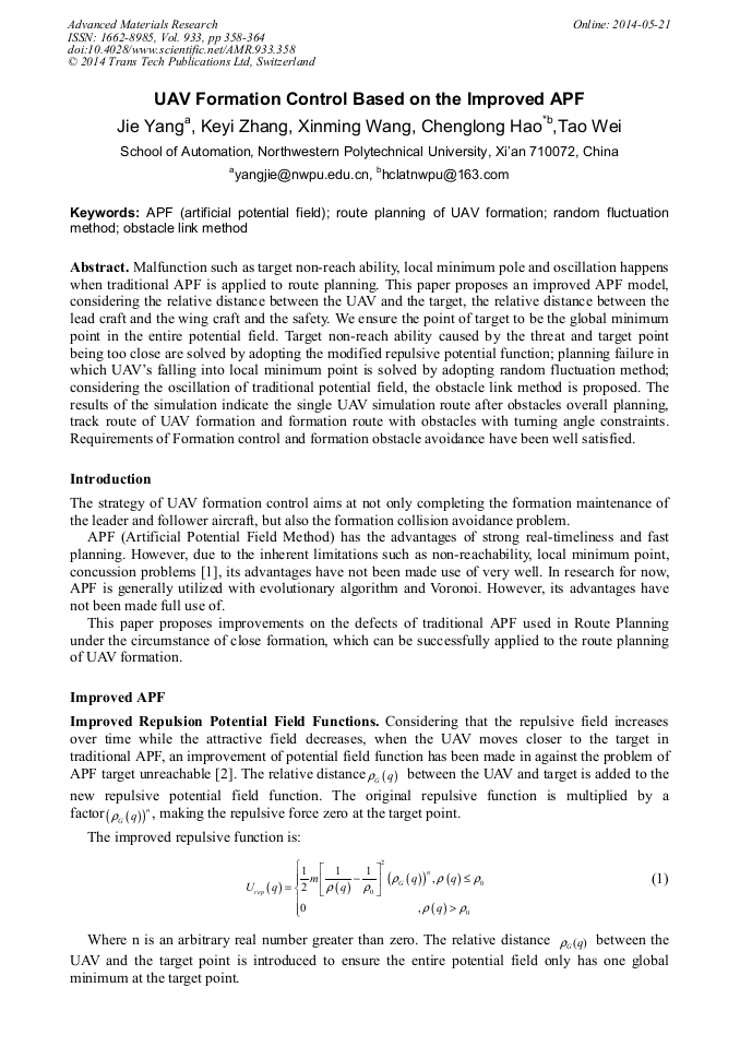 UAV Formation Control Based on the Improved APF | Scientific.Net