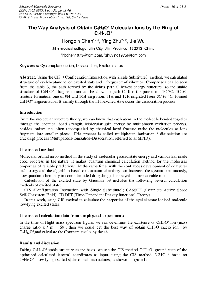 The Way Analysis of Obtain C4H5O+ Molecular Ions by the Ring of C7H12O ...